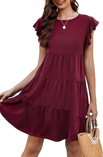 WEACZZY Dresses for Women Casual Short Ruffle Sleeve Round Neck Aline ...