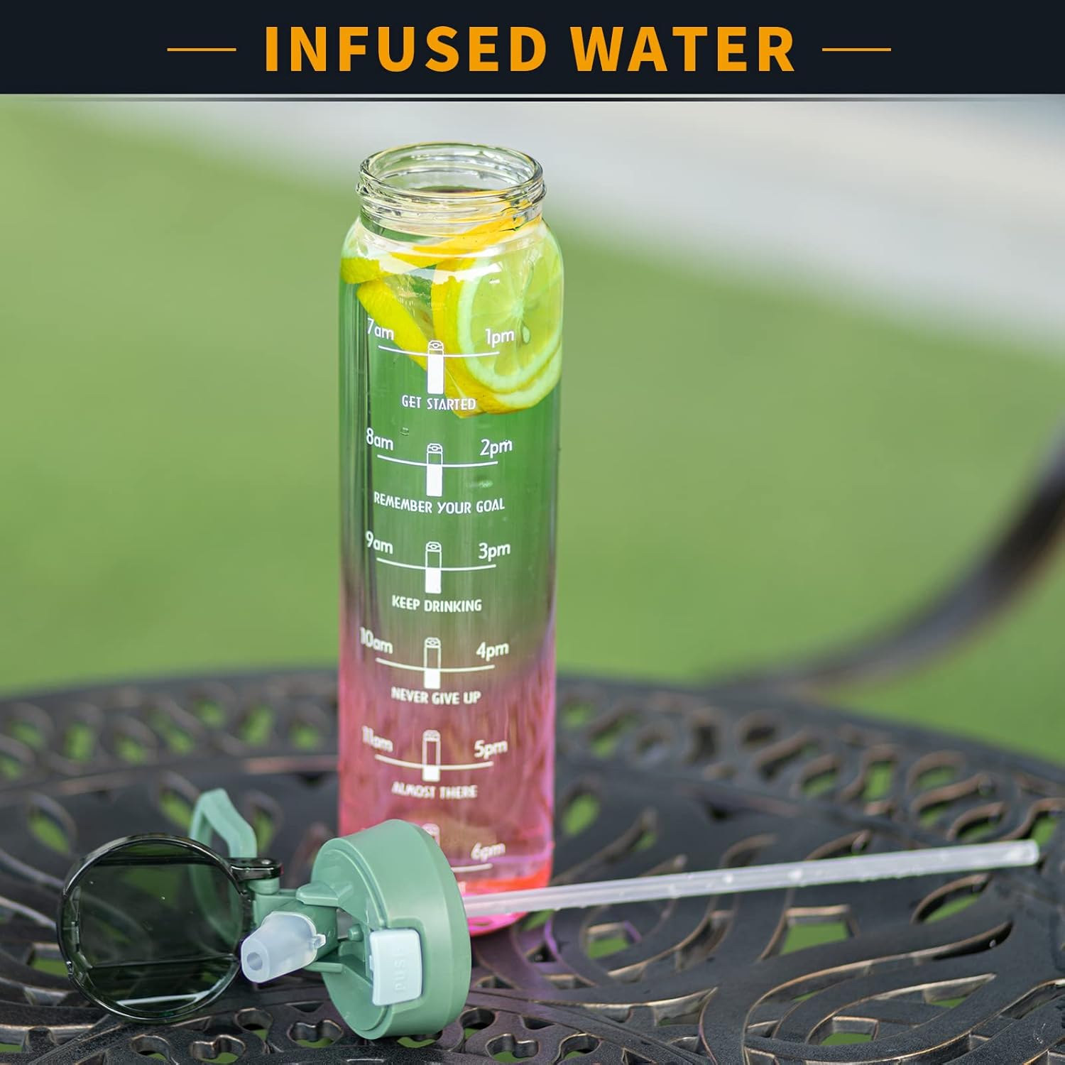 SHBRIFA Botella de agua deportiva de vidrio de 32 onzas con popote y marcador de tiempo ...