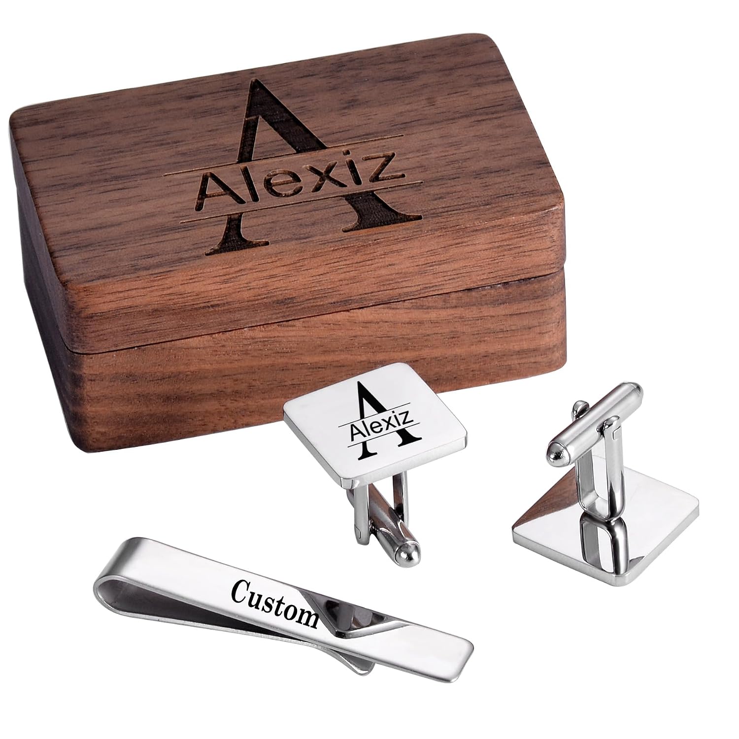 Amazon.com: Custom Cufflinks and Tie Clip Set, Stainless Steel Square ...