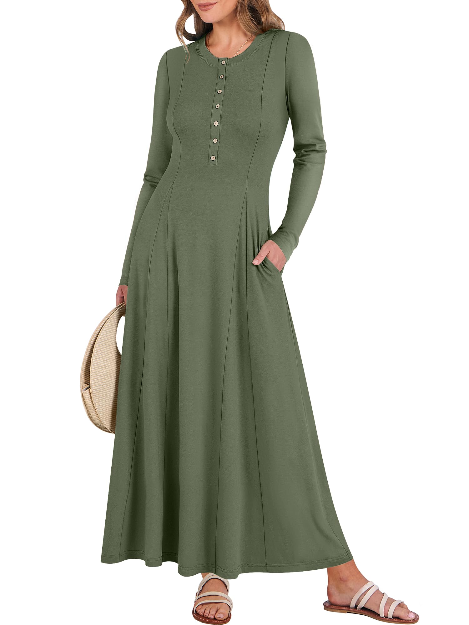 ANRABESS Women's Long Sleeve Casual Maxi Dress Button Fit & Flare A ...