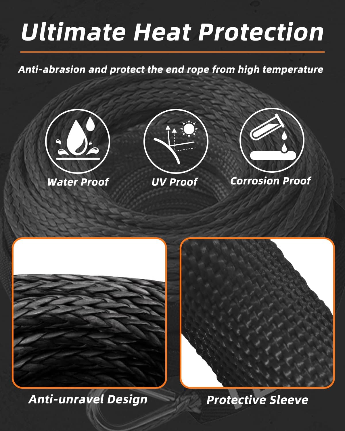 Synthetic Winch Rope with Hook 1/4'' x 50ft, 9500LBS Synthetic Winch ...