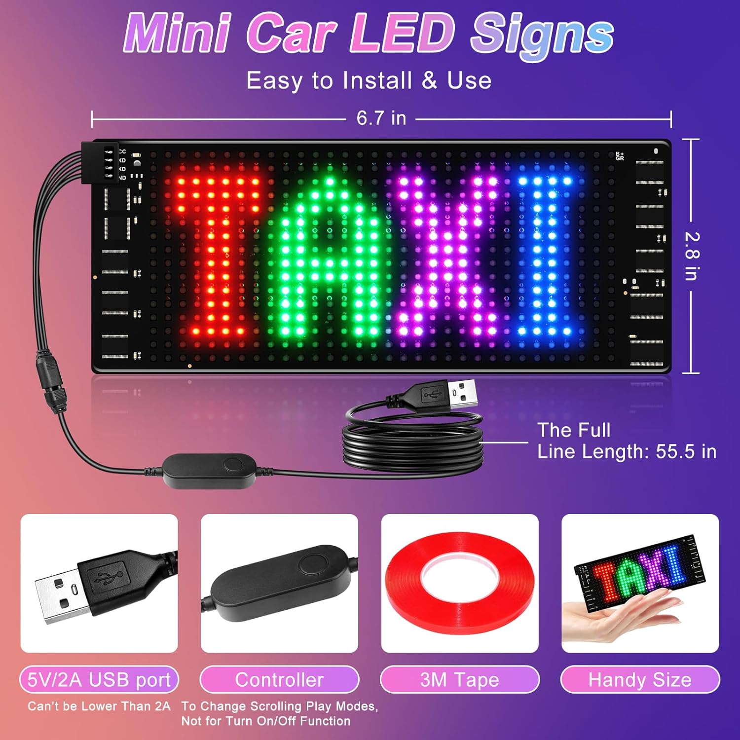 Letrero LED para automóvil, 7 x 3 pulgadas, letreros LED flexibles para ...