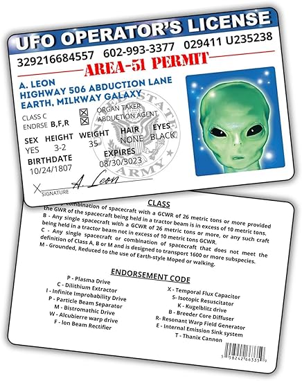 Amazon.com: Alien UFO's Driver's License/Prank Items/Fake ID License ...