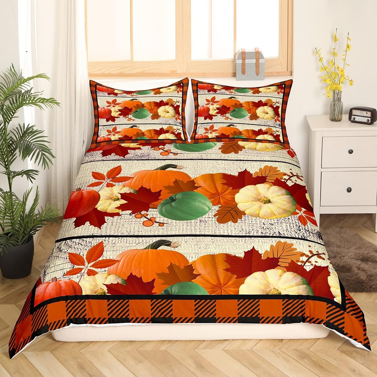 Amazon.com: Pumpkin Bedding Duvet Cover Set Geometric Plaid Bedding Set ...