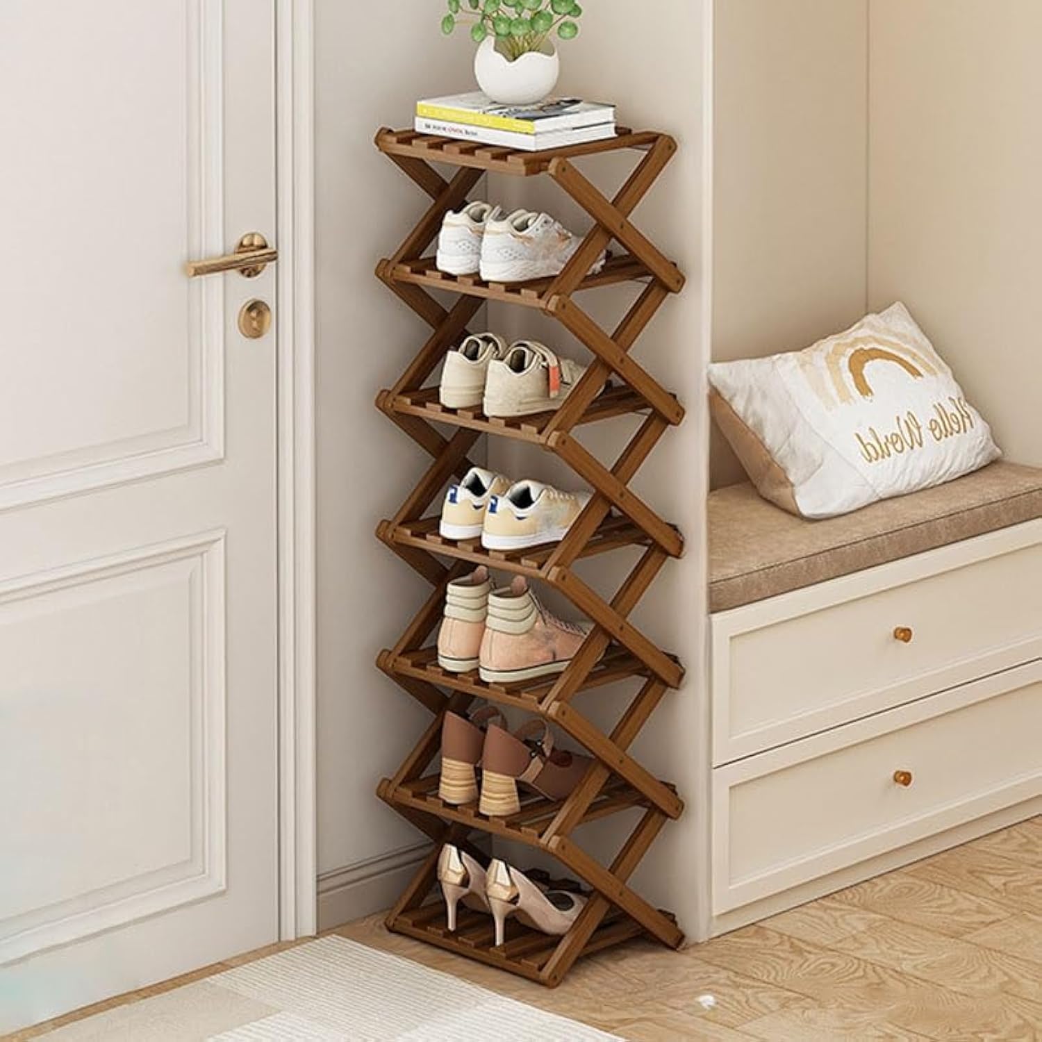 Kiss me Bamboo Folding Shoe Rack Small, Portable Wooden Shoe Storage ...