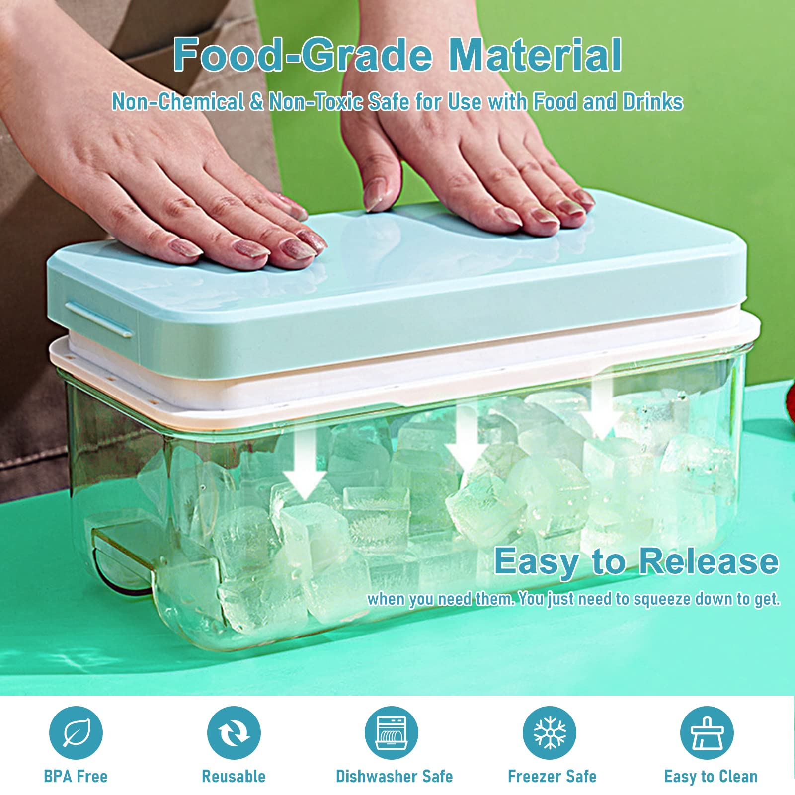 Qoosea Ice Cube Tray with Lid and Bin 2 Trays 64 pcs Silicone Ice Cube ...