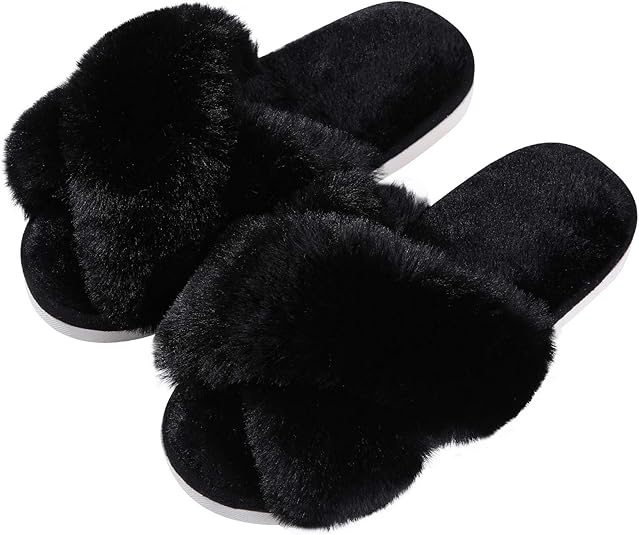 Amazon.com | Evshine Women's Fuzzy Slippers Cross Band Memory Foam ...