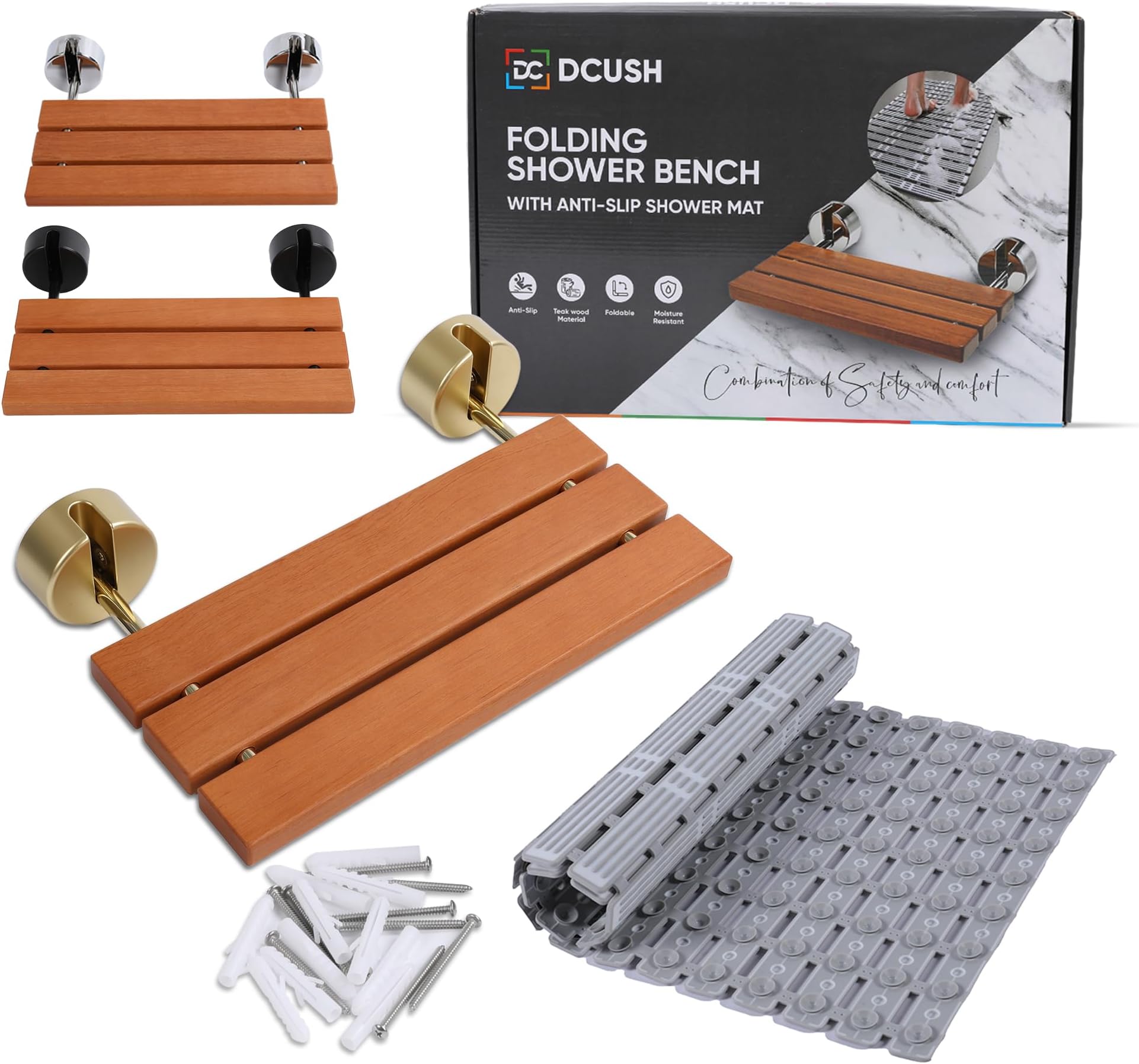 Amazon.com: DCUSH Brass 20" Wide Wall Mounted Teak Folding Shower Bench ...