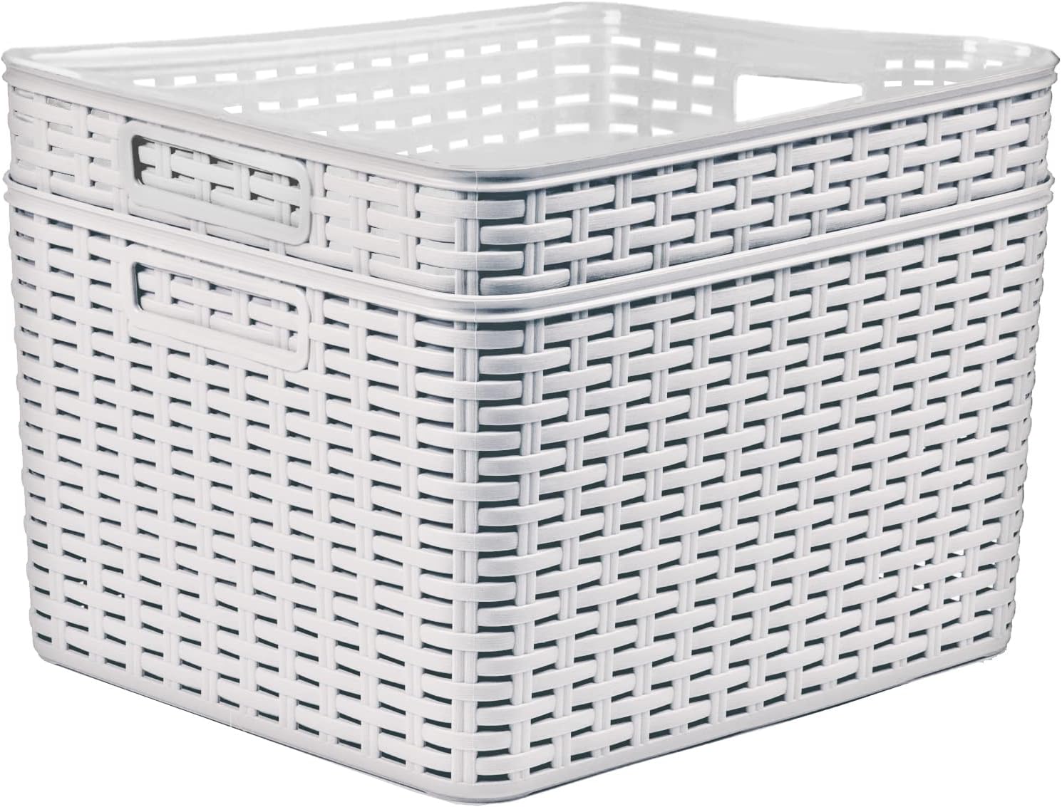 Pack of 2-18 Litre Large Plastic Rattan Storage Baskets Kitchen Bedroom ...