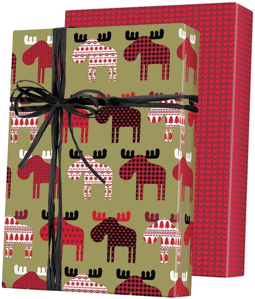Amazon.com: Woodland Plaid Moose Reversible Holiday Wrapping Paper Flat ...