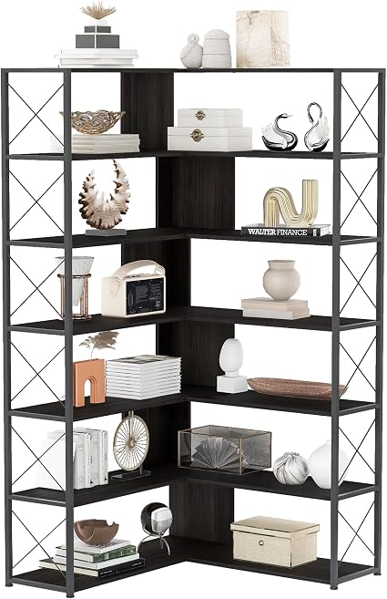 Amazon.com: 7-Tier Corner L-Shaped Bookcase Tall Bookshelf with Open ...