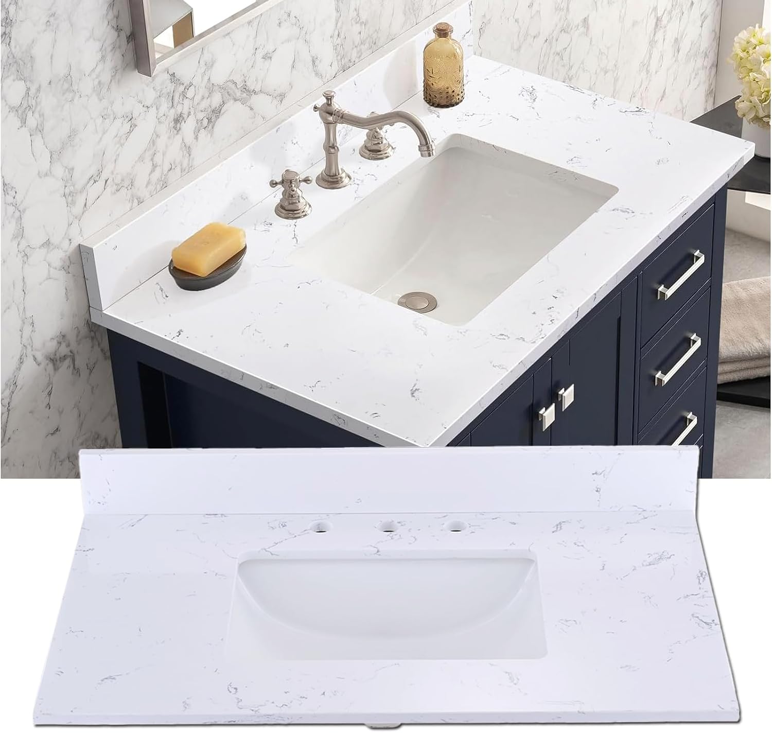 CHOMLEY 36 Vanity Top, Marble Countertop Ceramic Sink with Backsplash ...