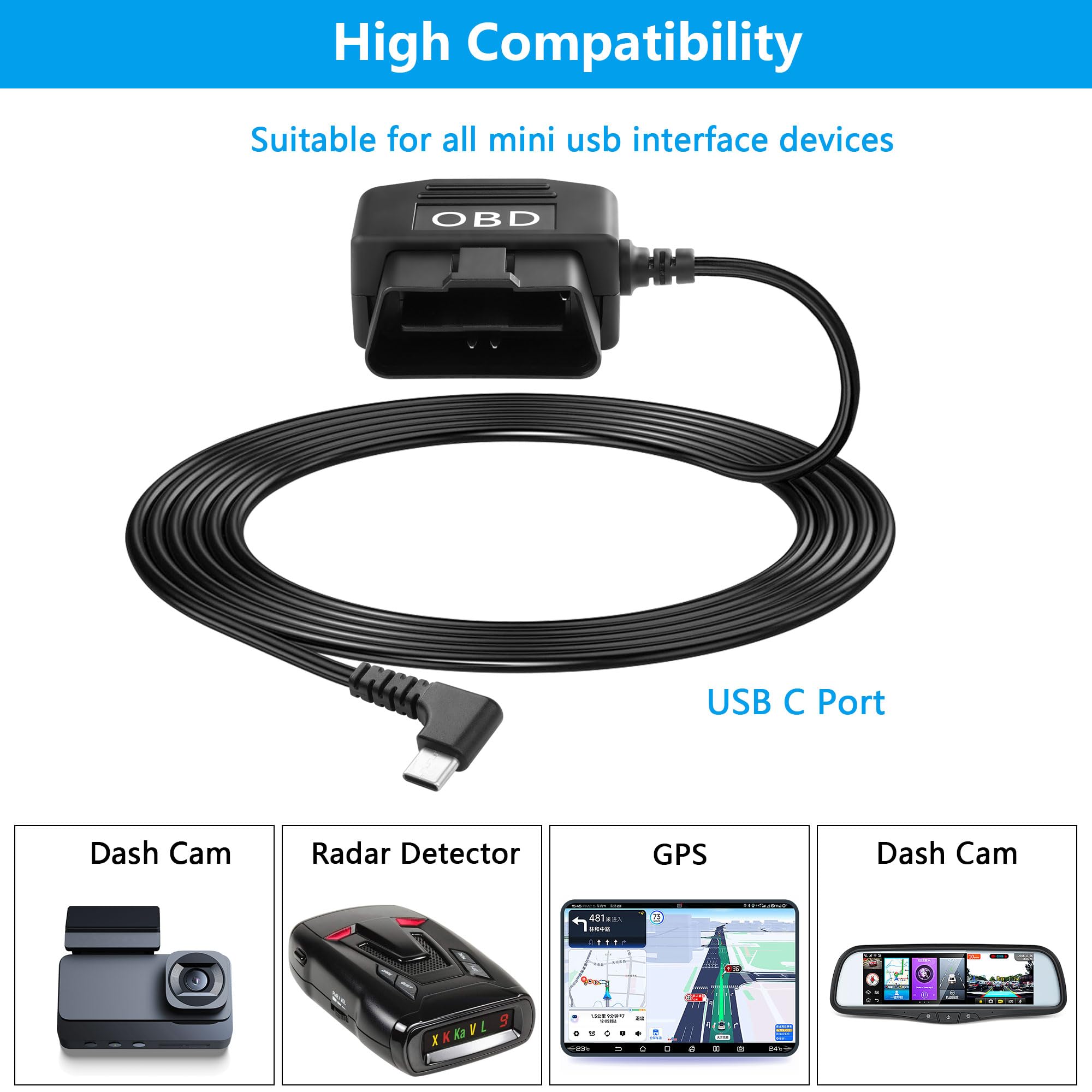 Dash Cam OBD Cable OBD2 To Type-C Dash Cam Power Cable - 11.5ft ...