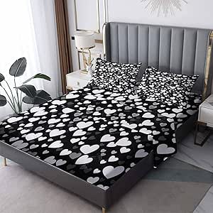 Amazon.com: Heart Sheets Queen Sheet Set - Black and White Bed Sheets ...