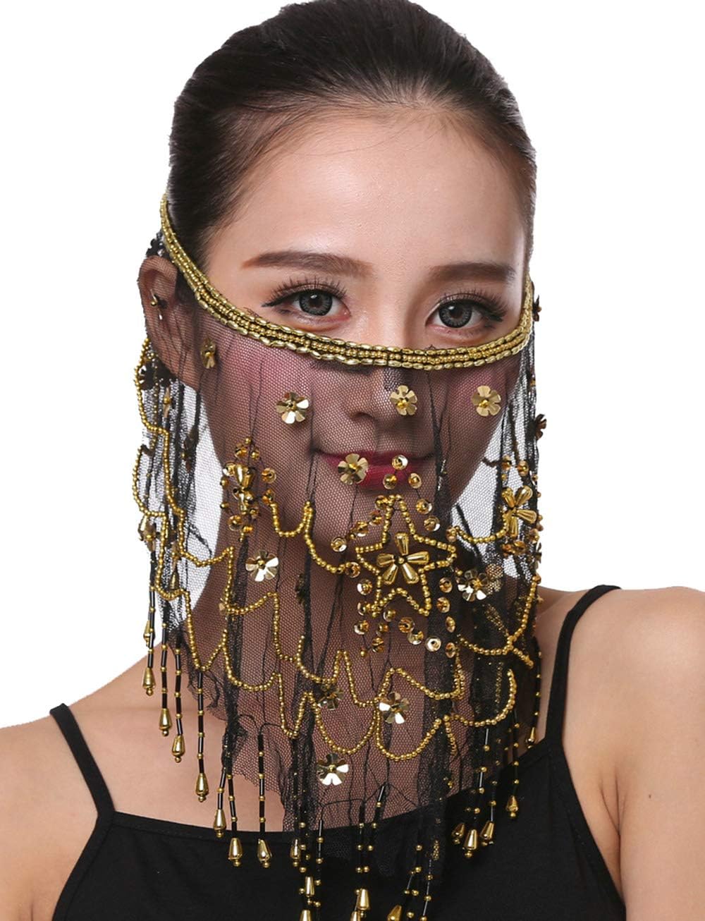 Amazon.com: Women Belly Dance Face Veil with Beads Sequins Halloween ...