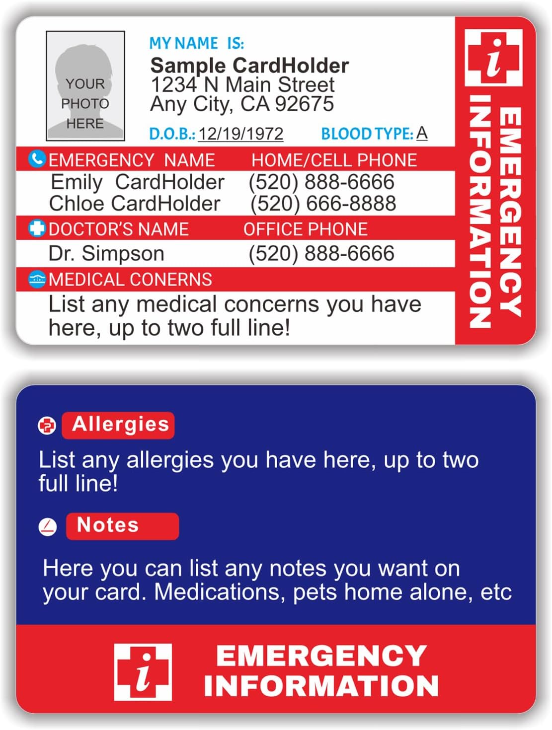 Amazon.com: Customized - Emergency Contact Wallet Card, PVC ICE Life ...