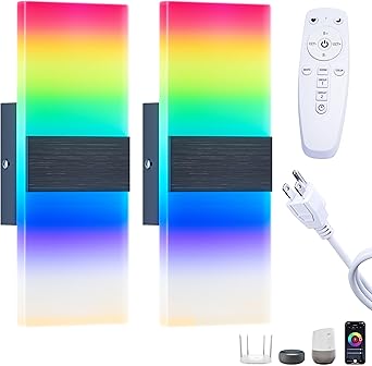 Smart Plug In Wall Sconces Set of 2,RGB & White Dimmable Acrylic LED ...
