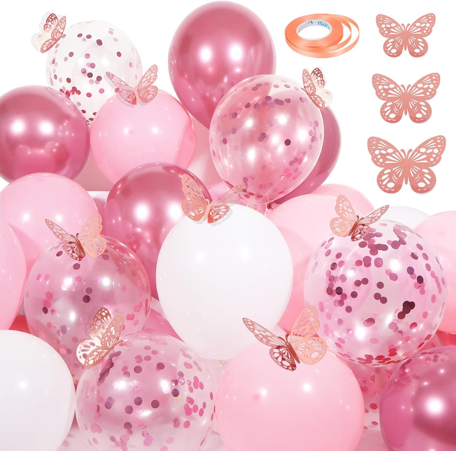 Pink Balloons and Butterfly Stickers, 30 PCS 12 Inch Confetti Balloons ...