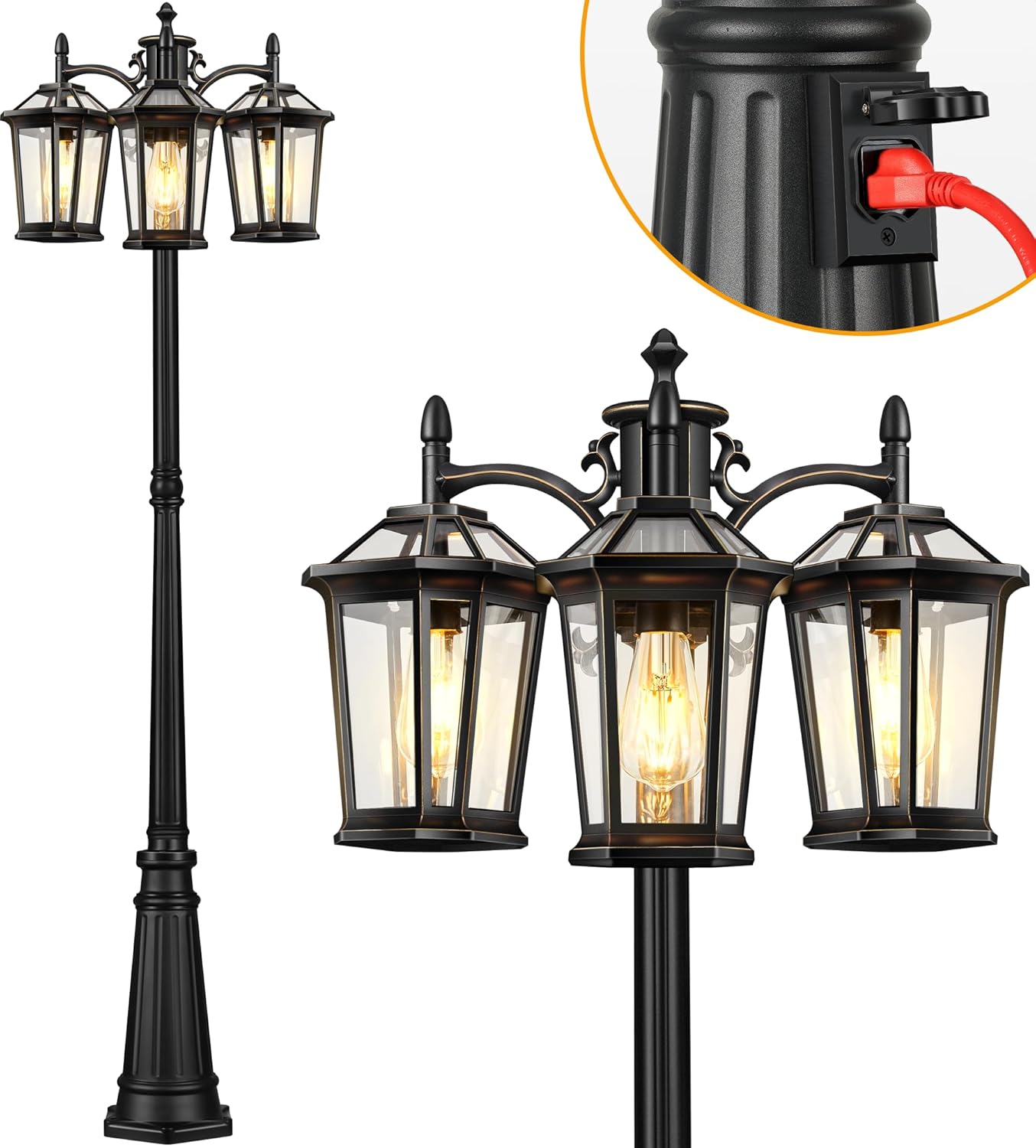 VIANIS Outdoor Lamp Post Light with Outlet 3-Head, Anti-Rust Lamp Posts ...