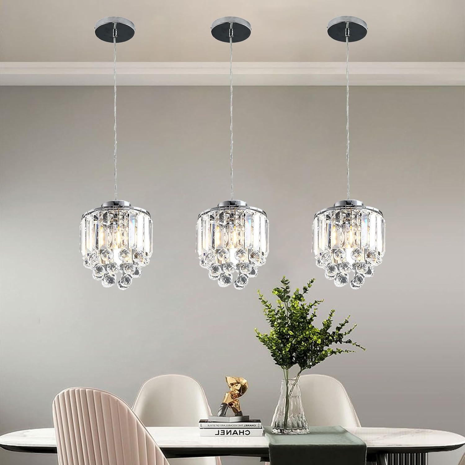 TFCFL 3 Pcs Crystal Chrome Ceiling Pendant Light Fixture, Chrome ...