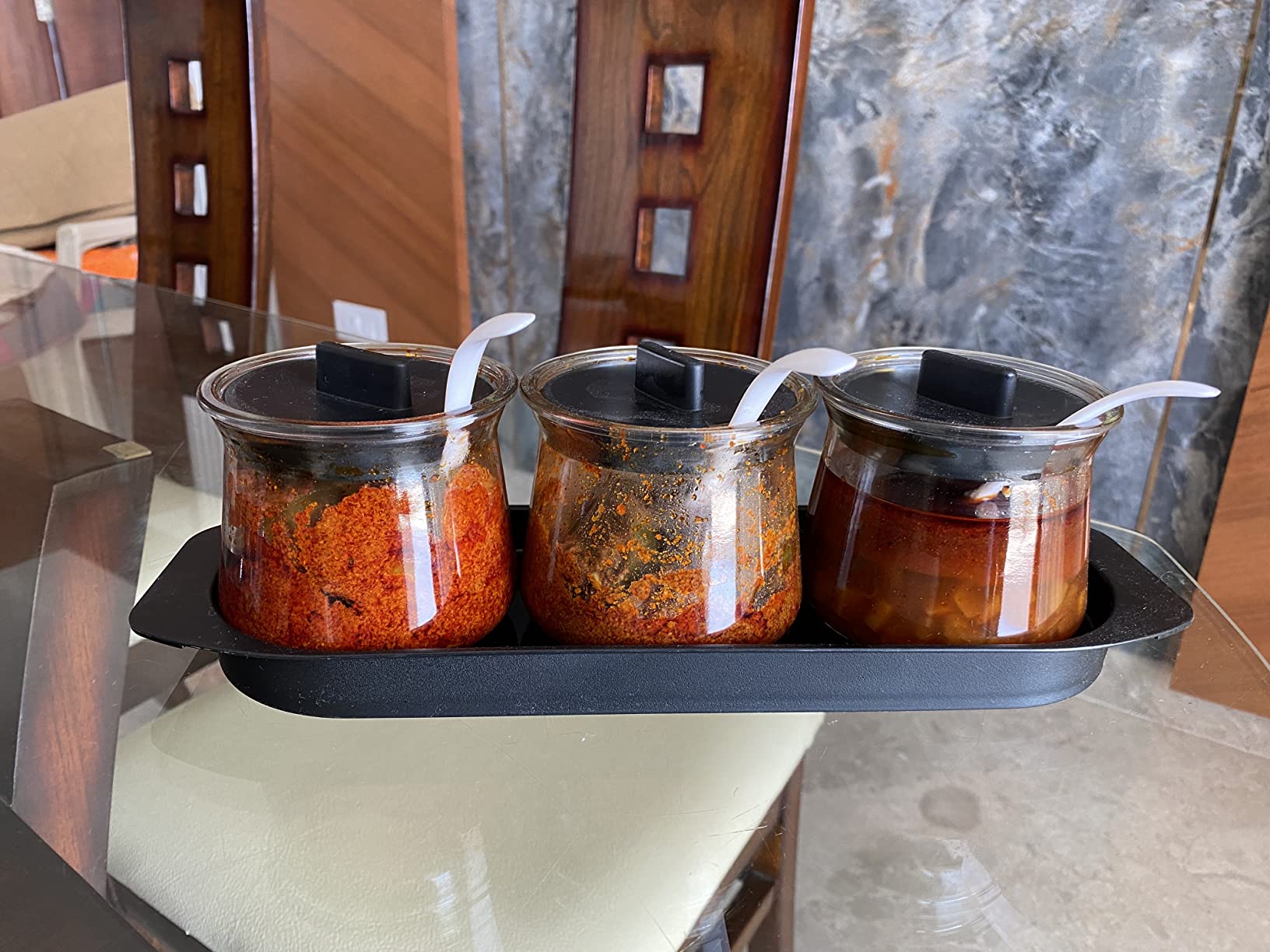 RADHIKA STORE Borosilicate Glass Jar With Lid,Spoon & Tray // Chutney ...