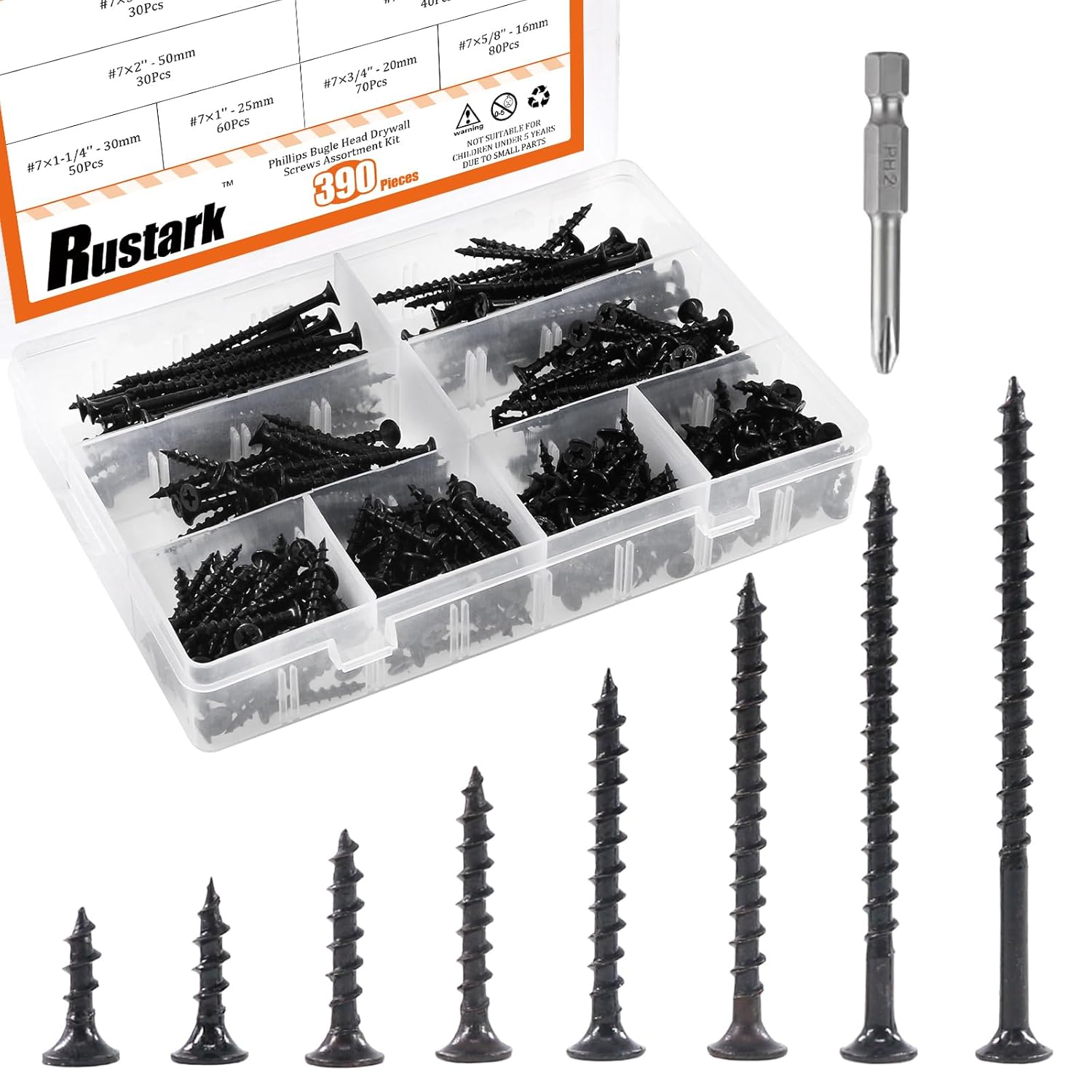 Amazon.com: Rustark 390-Pcs #7 Coarse Thread Drywall Screw with ...