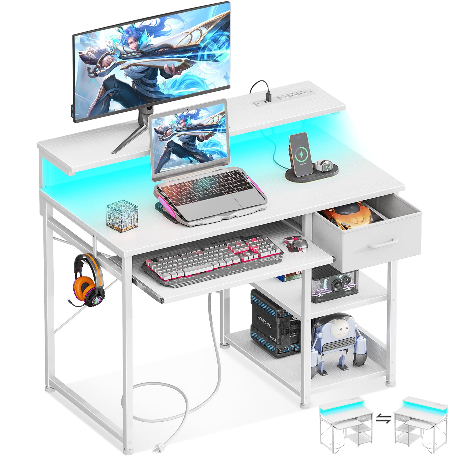 Amazon.com: AODK Gaming Desk with LED Lights & Power Outlet, 40 Inch ...