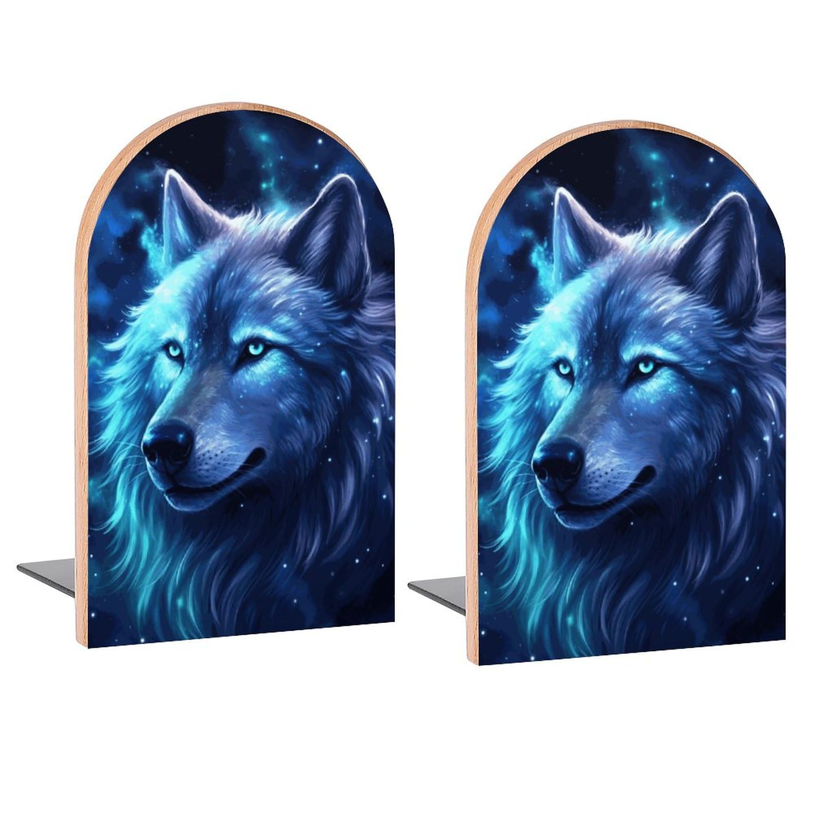 Amazon.com: Wolf Blue Galaxy Book Ends Decorative Wood Bookends for ...