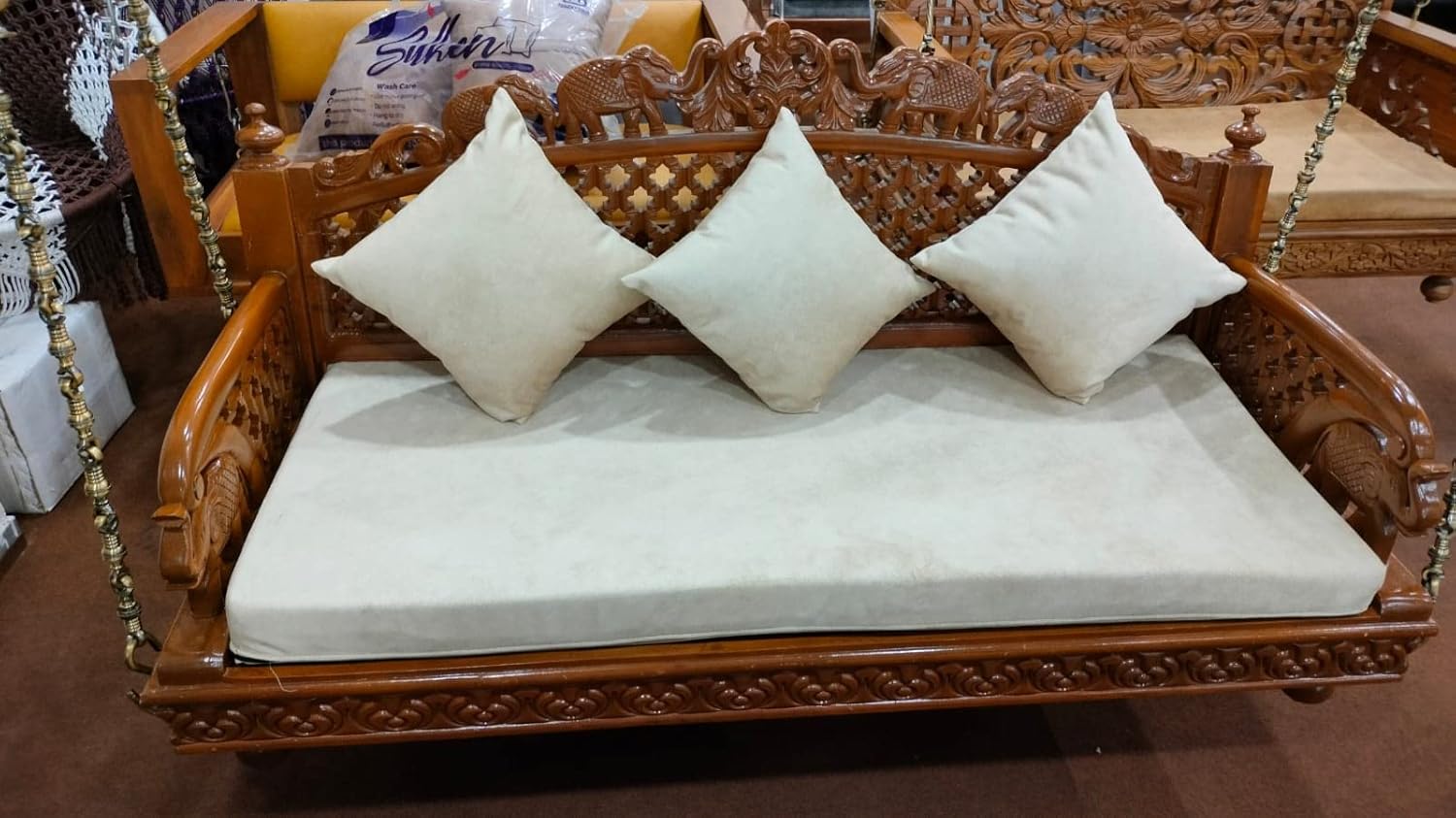 Zula ghar 4 Feet Teak Wooden Royal Carving Fixed Back Swing with Brass ...