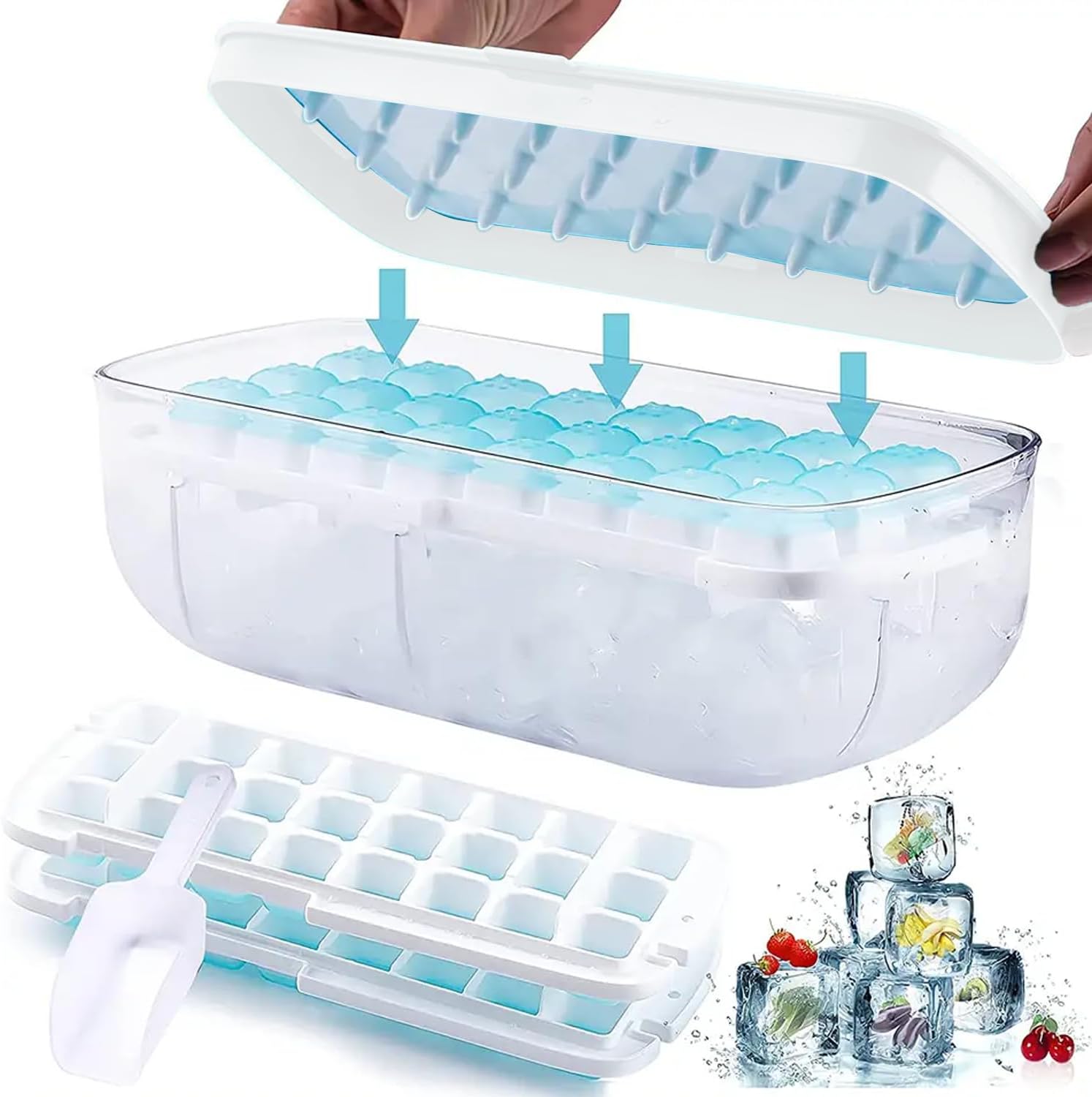 Ice Cube Tray, Ice Tray with Lid Bin Making 64 pcs Ice Cubes, Release ...