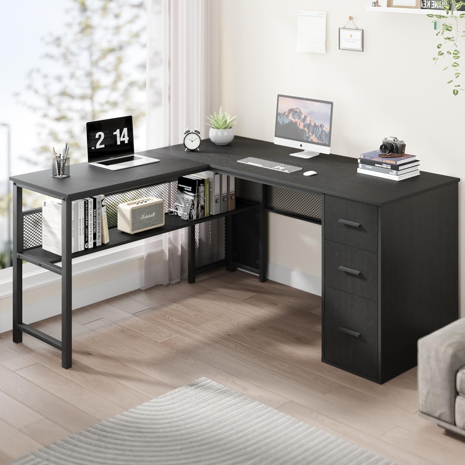 Amazon.com: LVB Black L Shaped Desk with File Drawers, Reversible ...