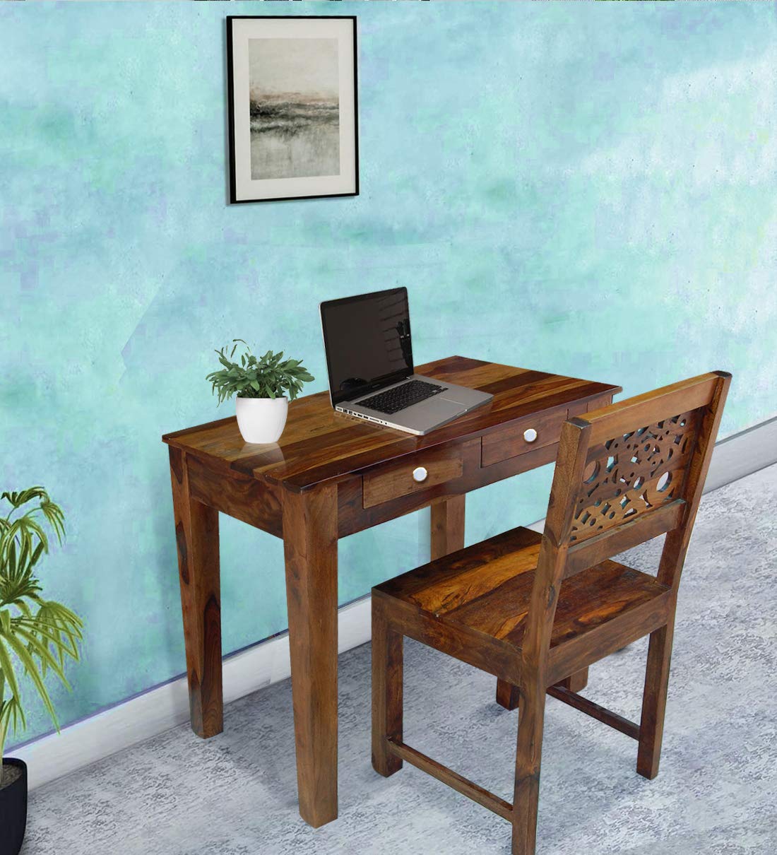 Buy Solid Sheesham Wood Two Drawer Study Table & Chair for Living Room ...