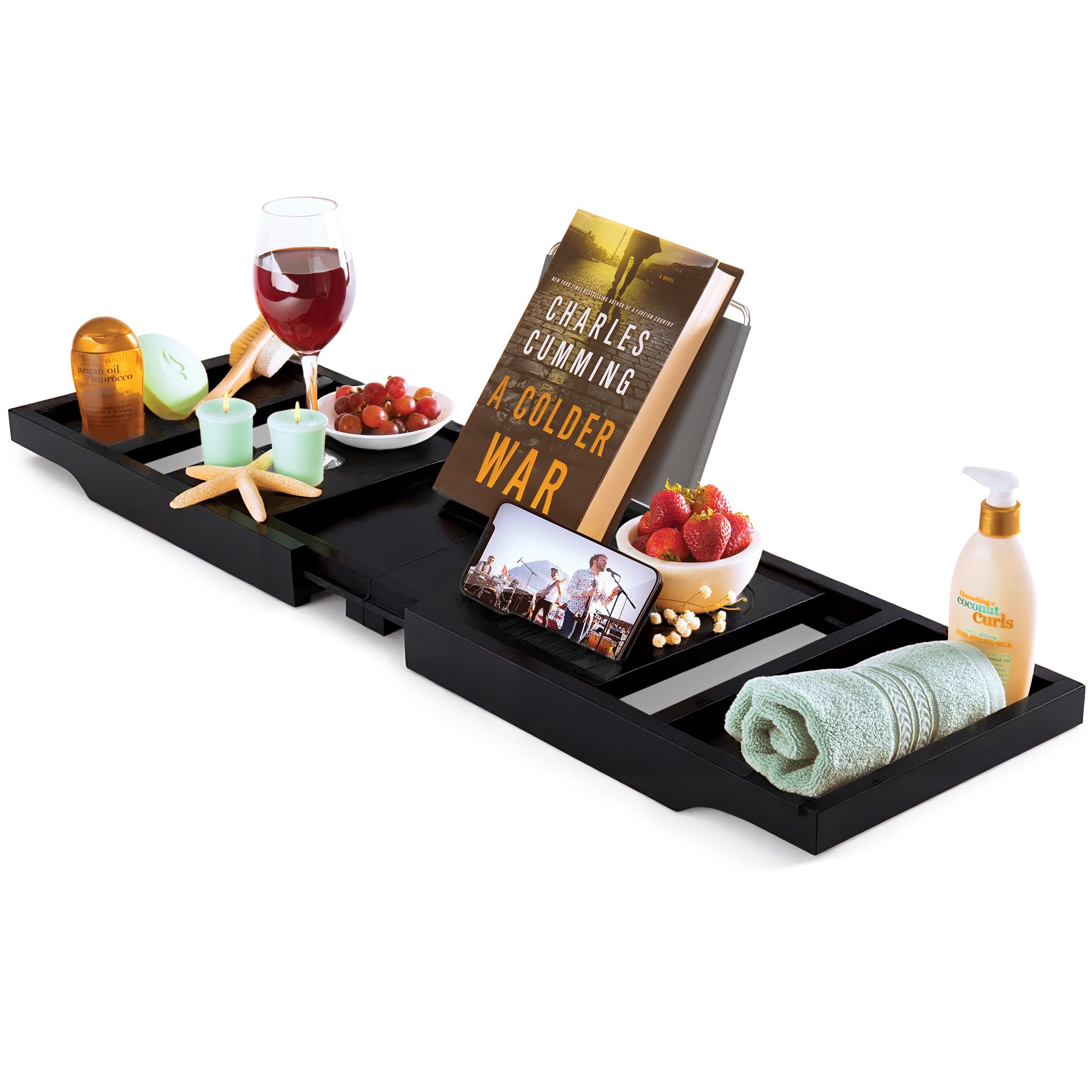 Snapklik.com : Bathtub Tray - Expandable Black Bamboo Bath Tray For Tub