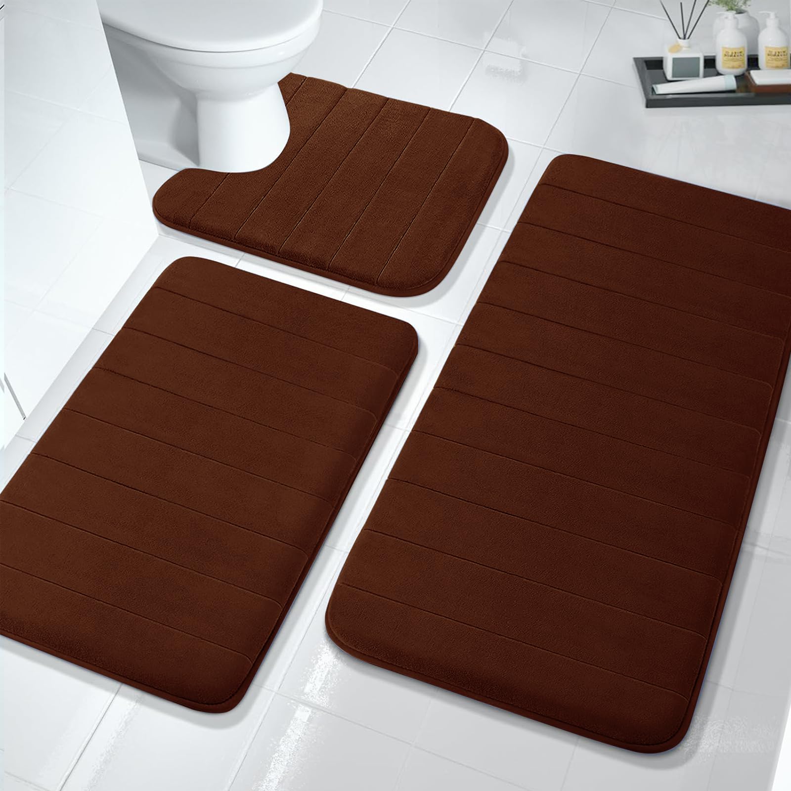 Amazon.com: JOYART 3 Pieces Memory Foam Bath Mat Sets 19.7"x47.2" + 31.5"x19.7" and U-Shaped 23. ...