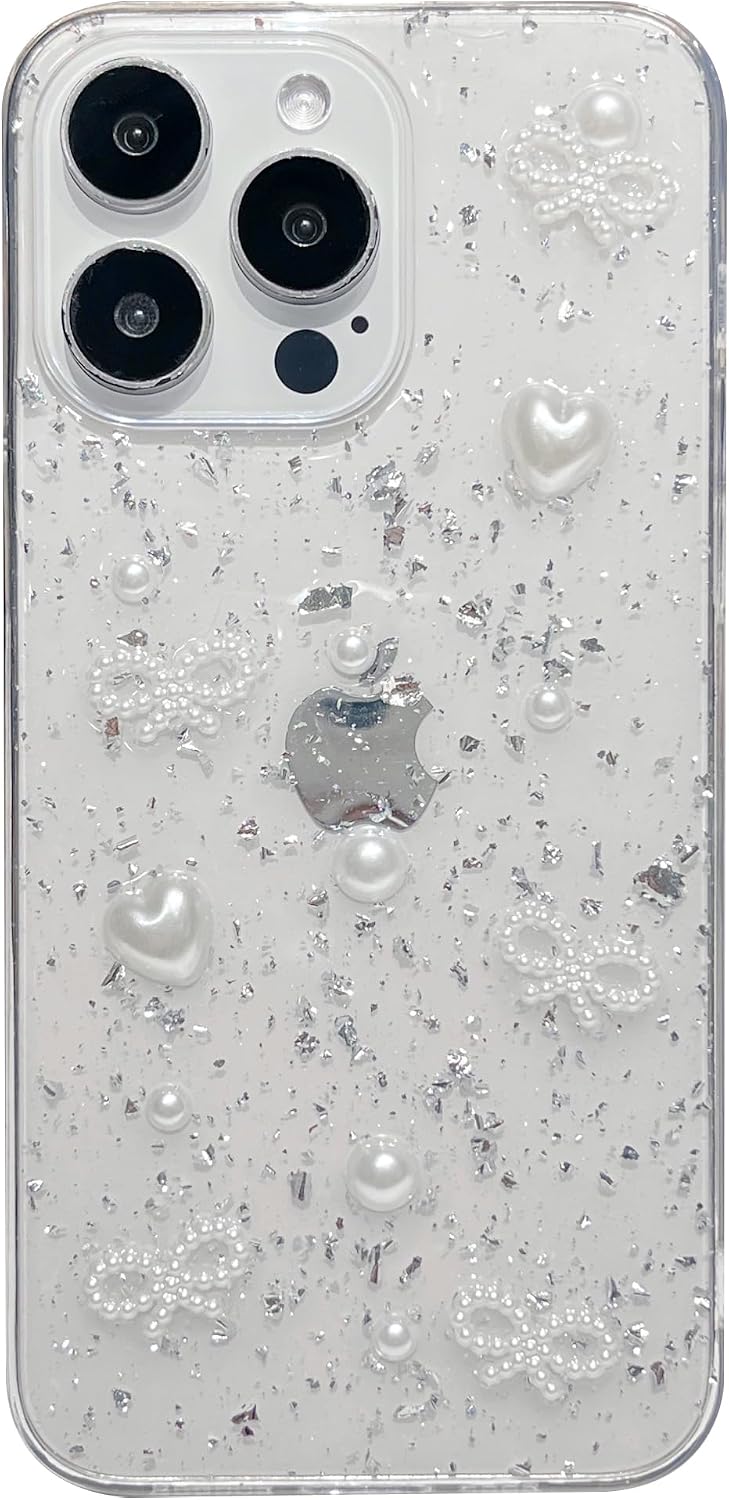 Amazon.com: FLIRACON Cute 3D Love Heart Pearl Bow Silver foil Clear ...