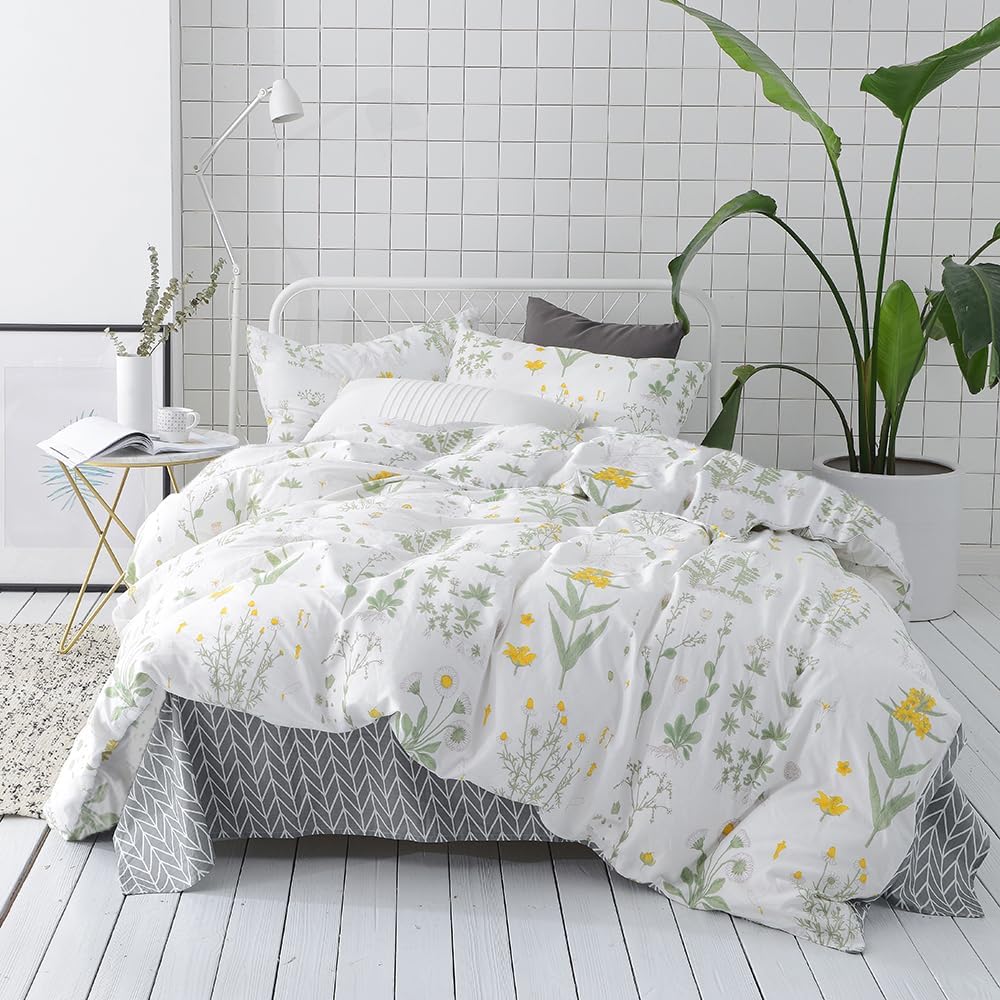 Amazon.com: EAVD Yellow Floral Full Comforter Set White Soft Microfiber ...