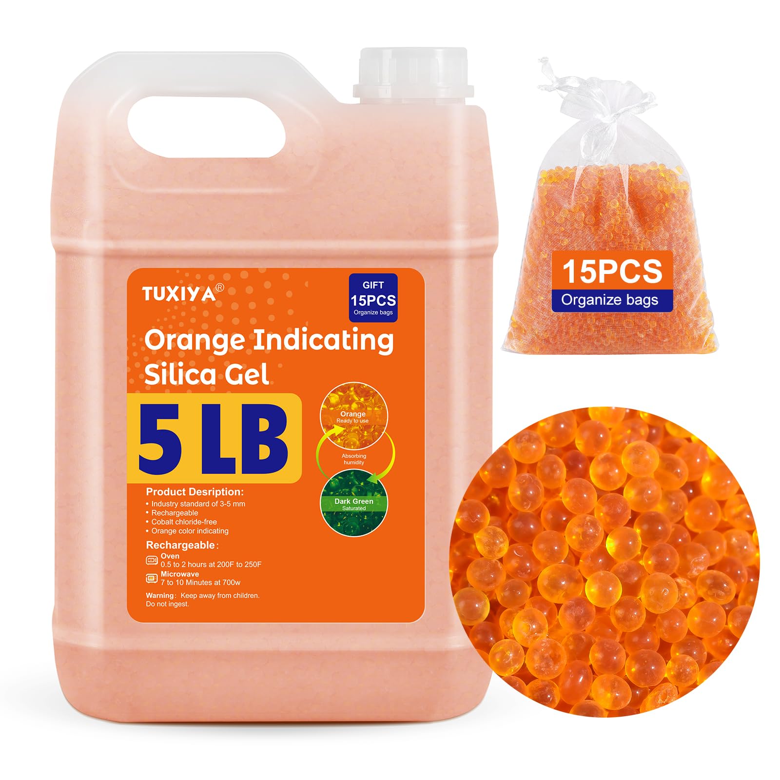 Snapklik.com : TUXIYA 5 LBS Orange Indicating Silica Gel Desiccant Beads