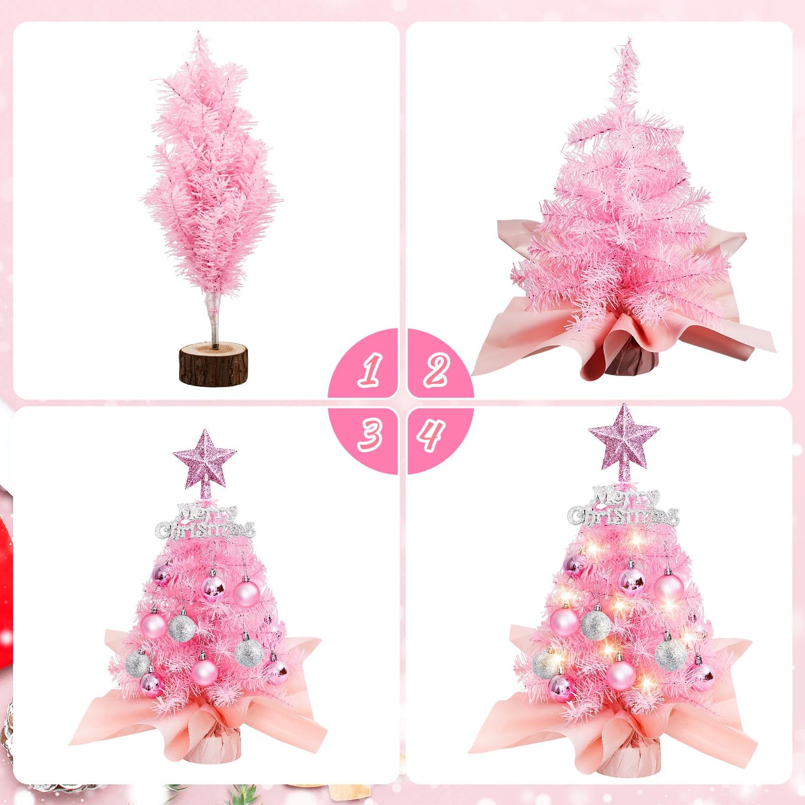 Syhood 2 Pack Mini Pink Christmas Tree Set Tabletop Christmas Tree ...