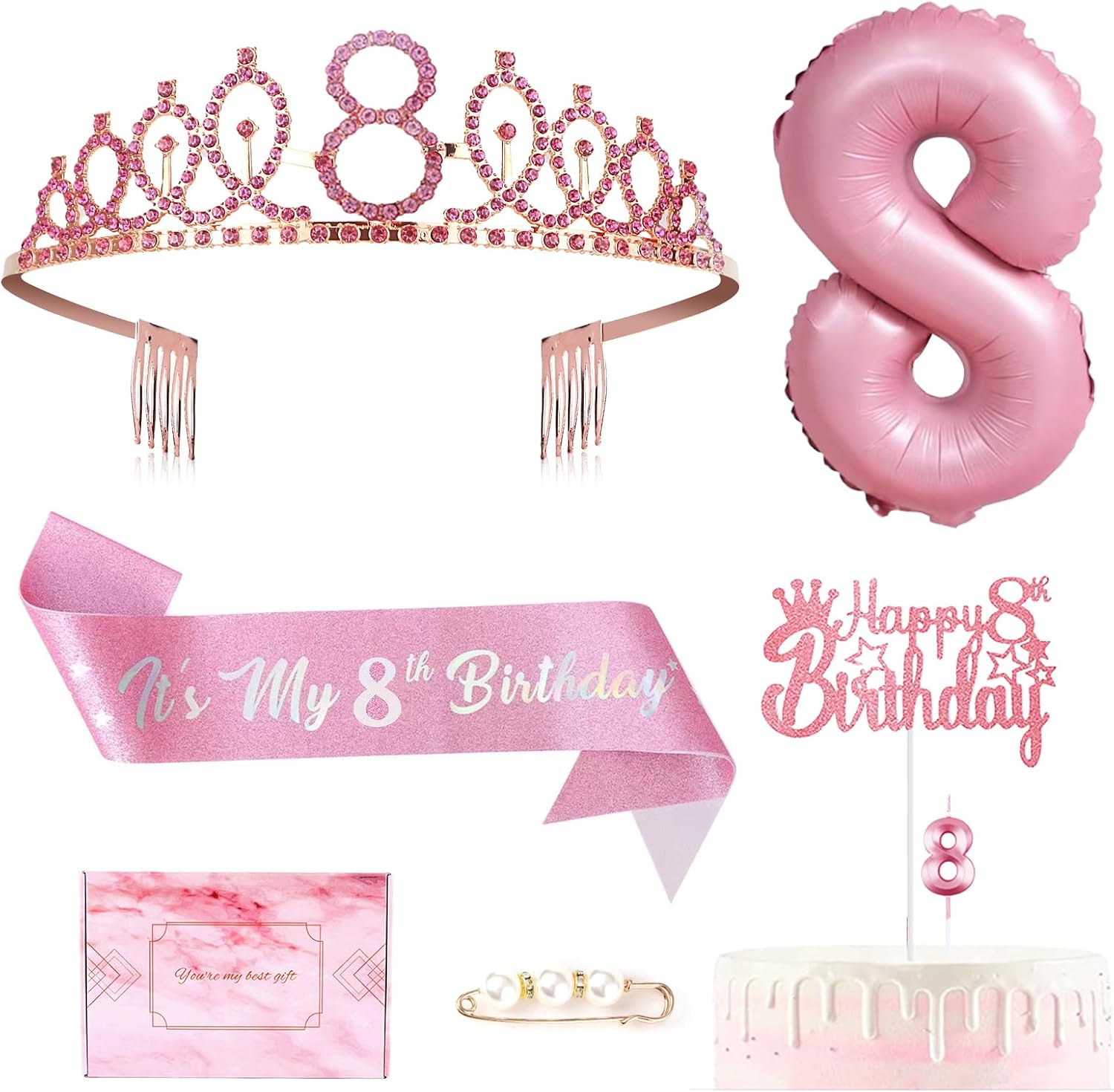Amazon.com: 8th Pink Birthday Decorations for Girls Set, Birthday Girl ...