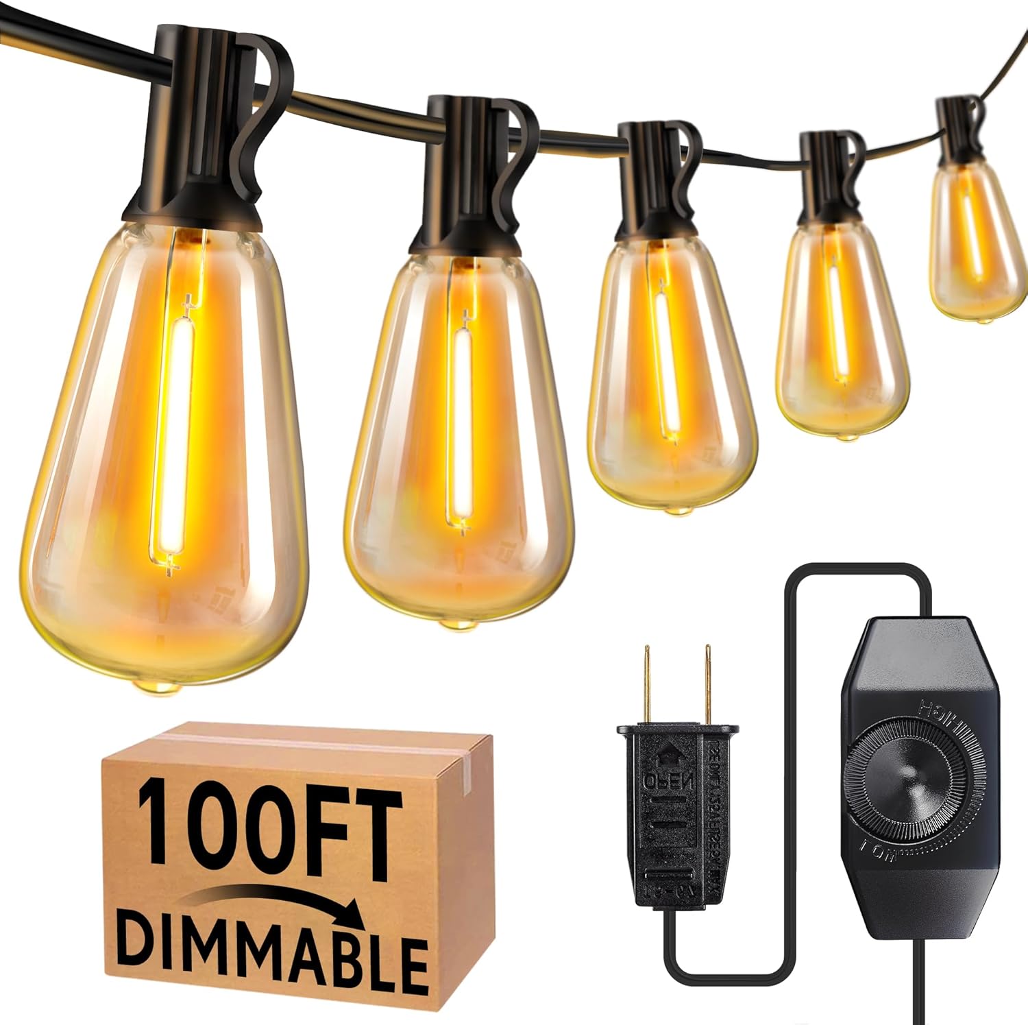 KNONEW Outdoor String Lights with Dimmer, 100FT Patio Lights with 55 Shatterproof ST38 LED Bulbs ...