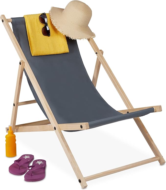 Relaxdays Liegestuhl Holz, Holz Strandliege mit Stoffbezug, klappbar ...
