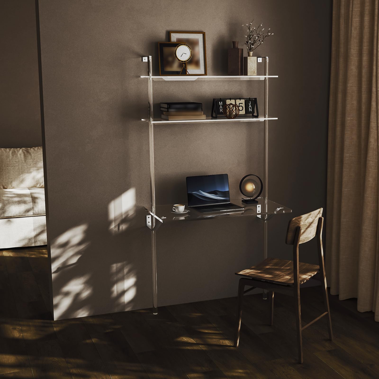 HMYHUM Acrylic Wall Mount Desk, Clear Ladder Desk with Open Shelves ...