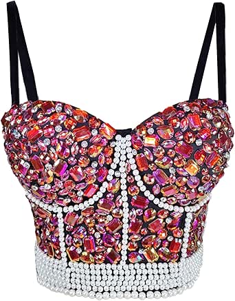 Amazon.com: SZRJ Women's Burgundy Sexy Rhinestone Bustier Pearl Tube ...