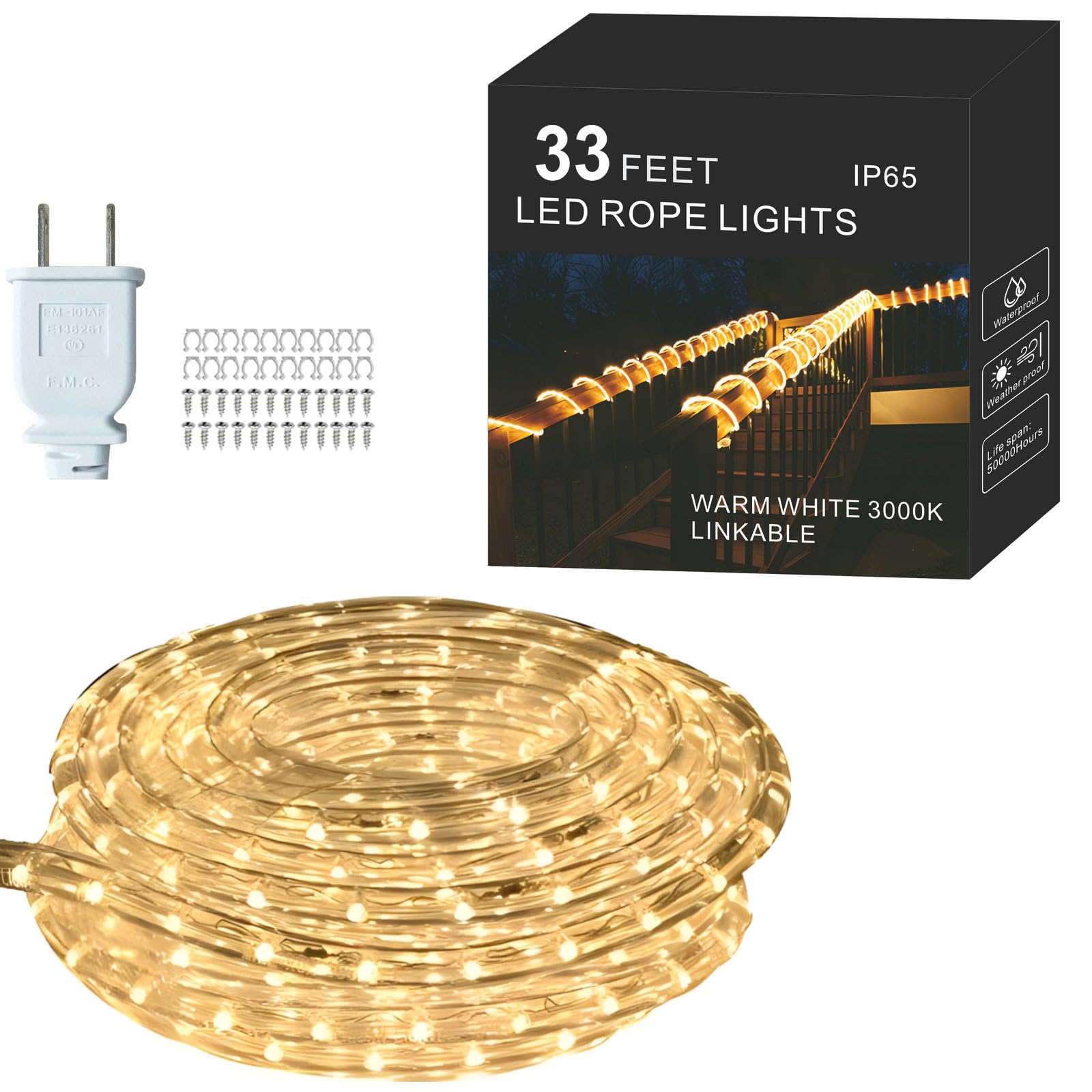 Amazon.com: FORT 33Ft LED Rope Light - Warm White Flexible Linkable ...