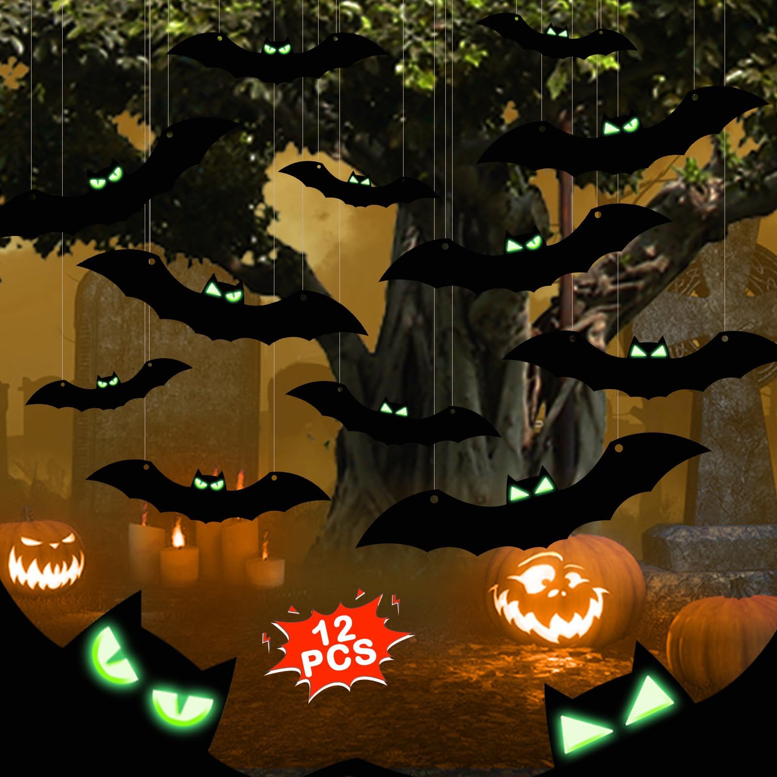 12PCS Halloween Decorations Hanging Bats, Halloween Decorations Outdoor ...