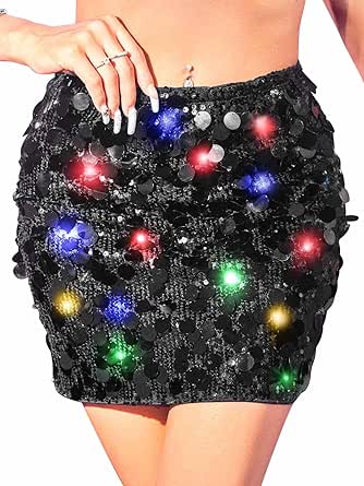 Amazon.com: GORAIS Light Up Sequin Skirt Sparkly Rave Mini Skirts LED ...