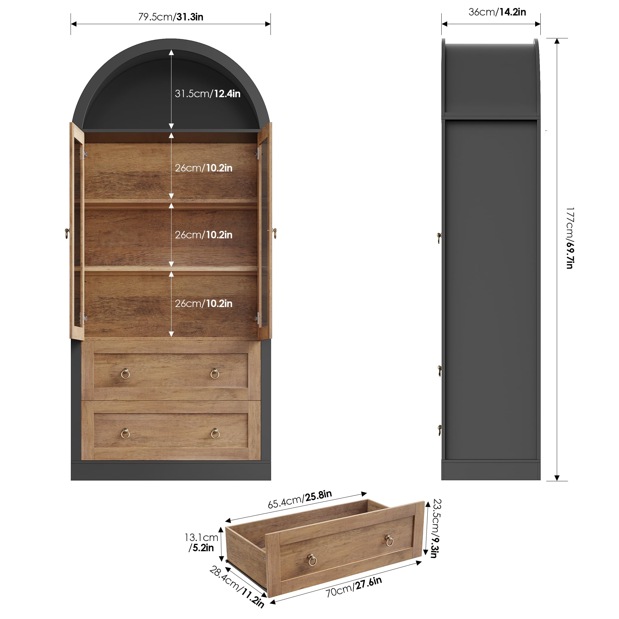 Tall Bookcase 70 Inch Arched Bookshelf With Doors - 6 Tier Farmhouse ...