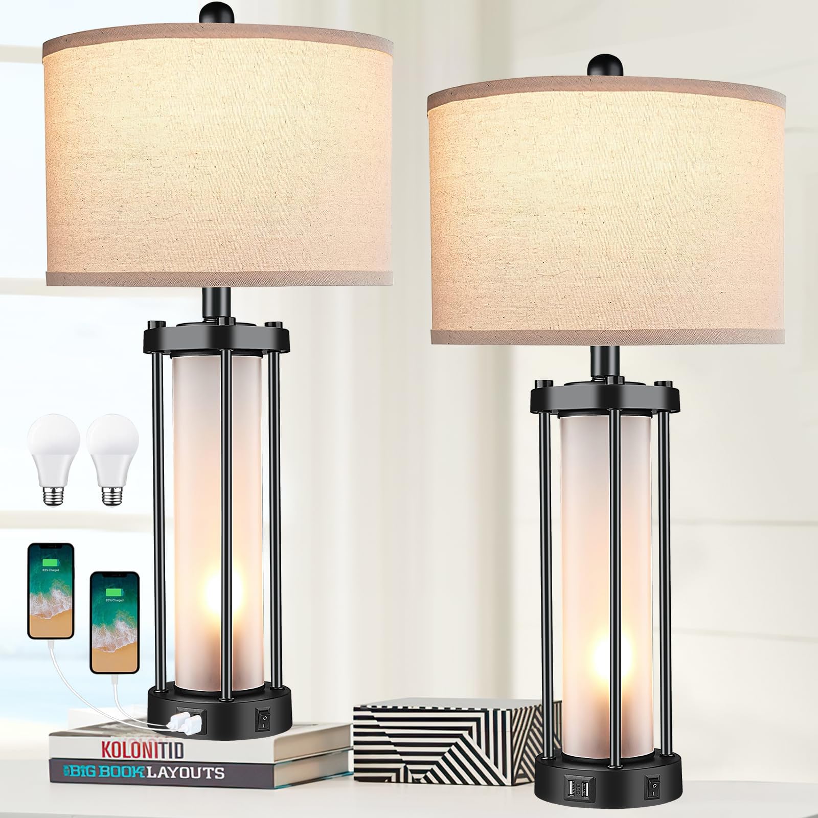 Table Lamps for Living Room Set of 2,26" Tall Bedside Farmhouse Table ...