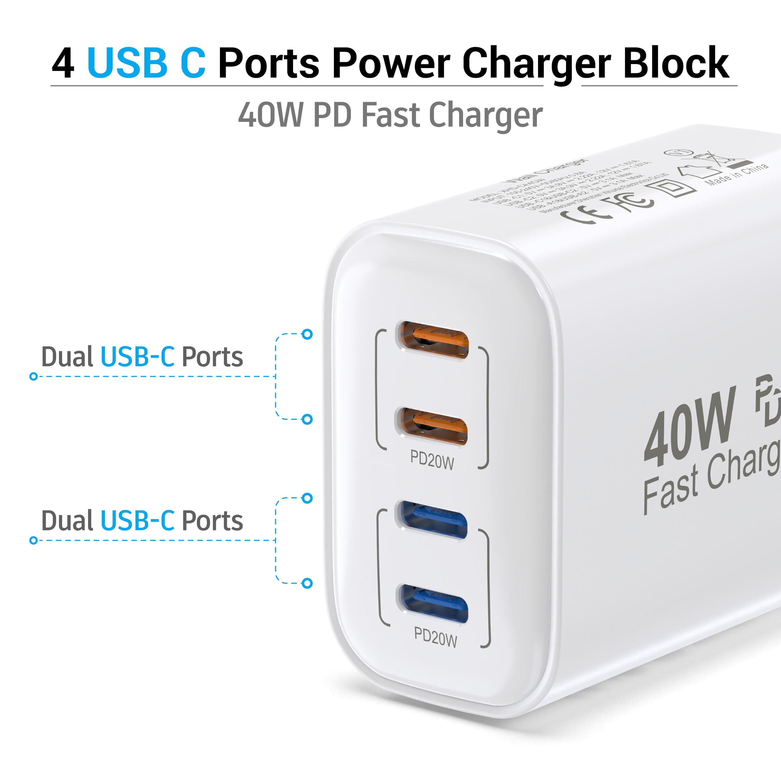 Snapklik.com : 40W USB C Charger Block, 2-Pack, 4 USBC Ports, Type C ...