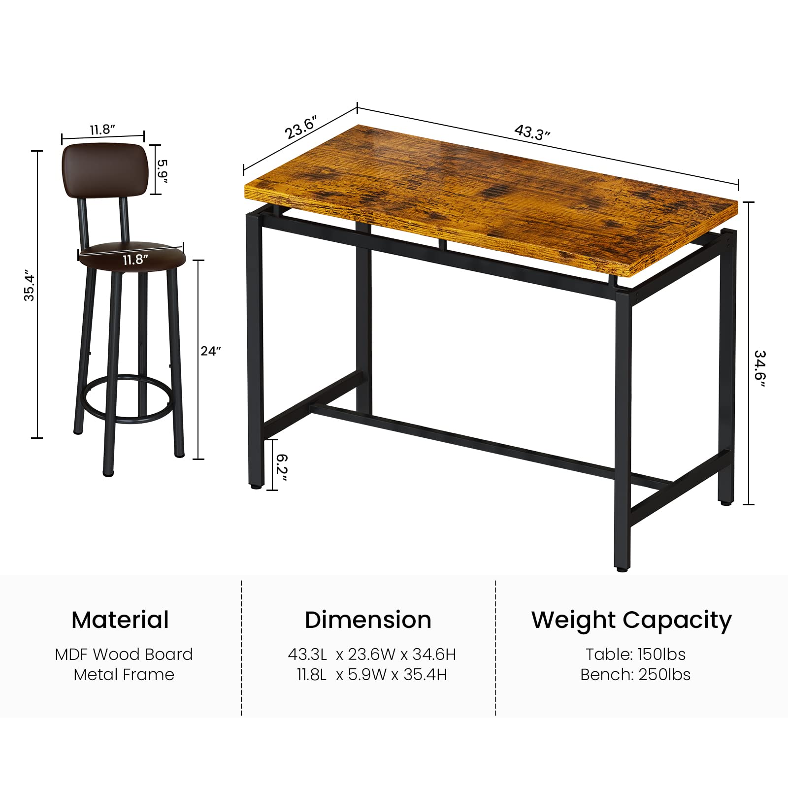 AWQM Bar Table and Chairs Set Industrial Counter Height Pub Table with ...